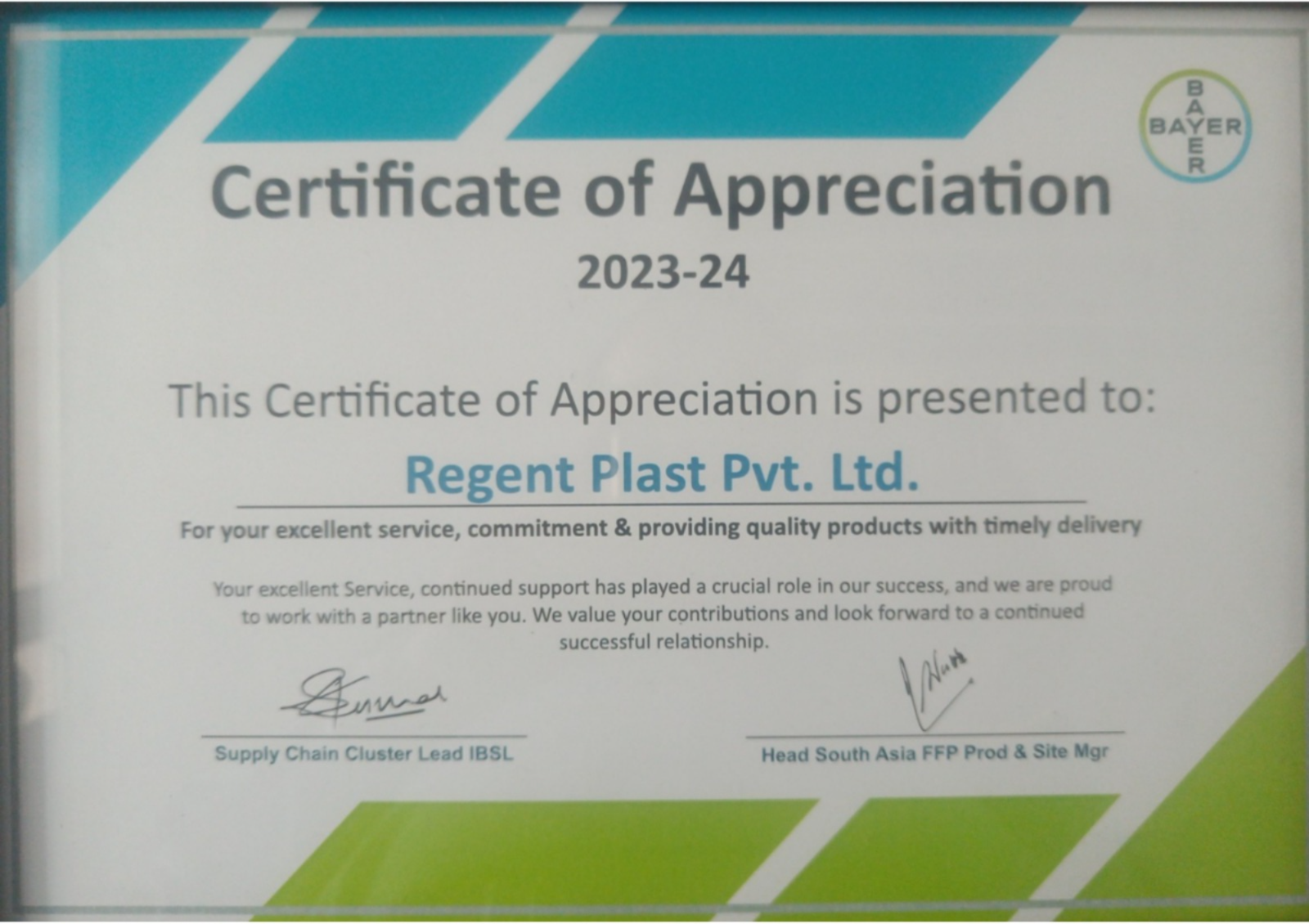 Regent Plast Pvt. Ltd. Honored with Certificate of Appreciation by ...